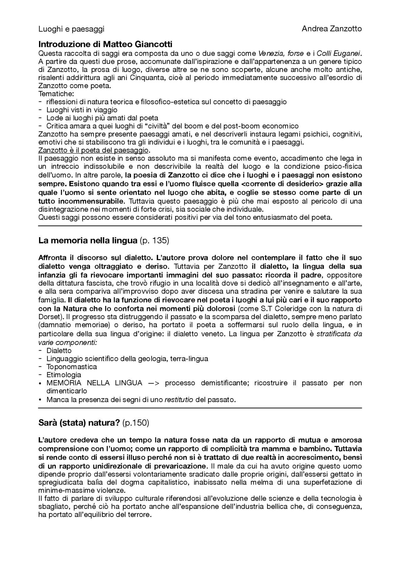 Zanzotto A Luoghi E Paesaggi Docsity
