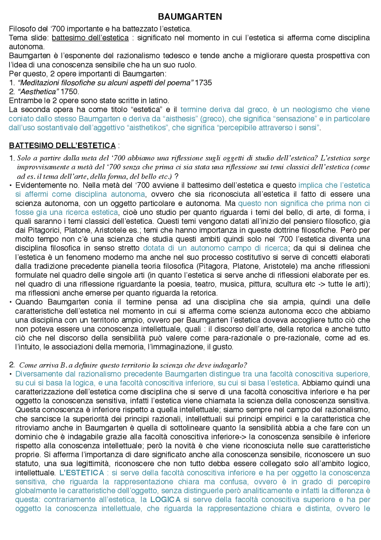 Baumgarten Estetica Filosofica Appunti Di Filosofia Docsity