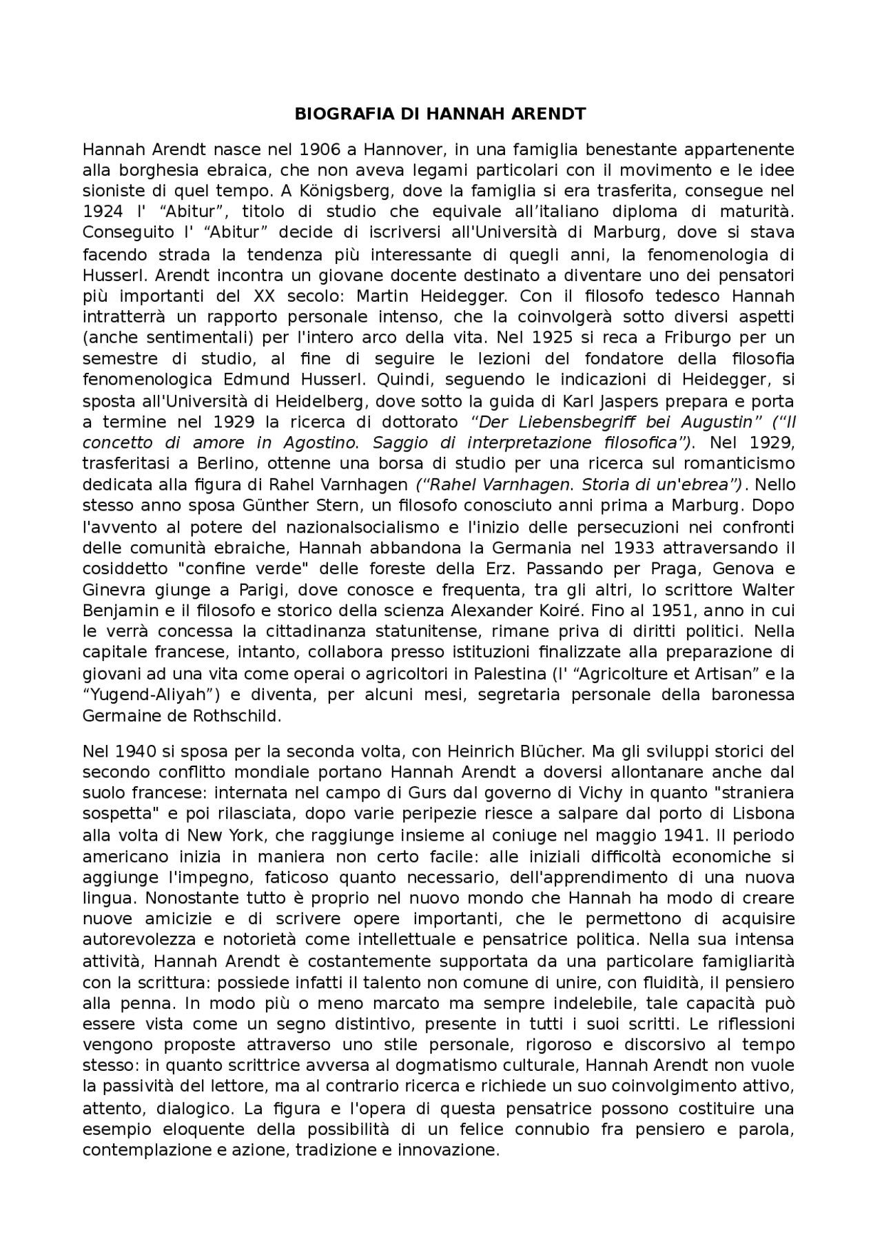 Vita Di Hannah Arendt Docsity
