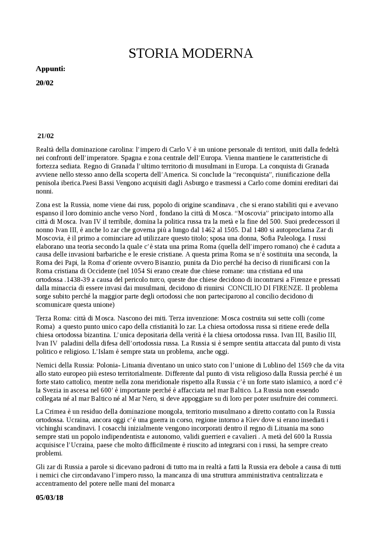 Riassunto Di Tutta La Storia Moderna Docsity