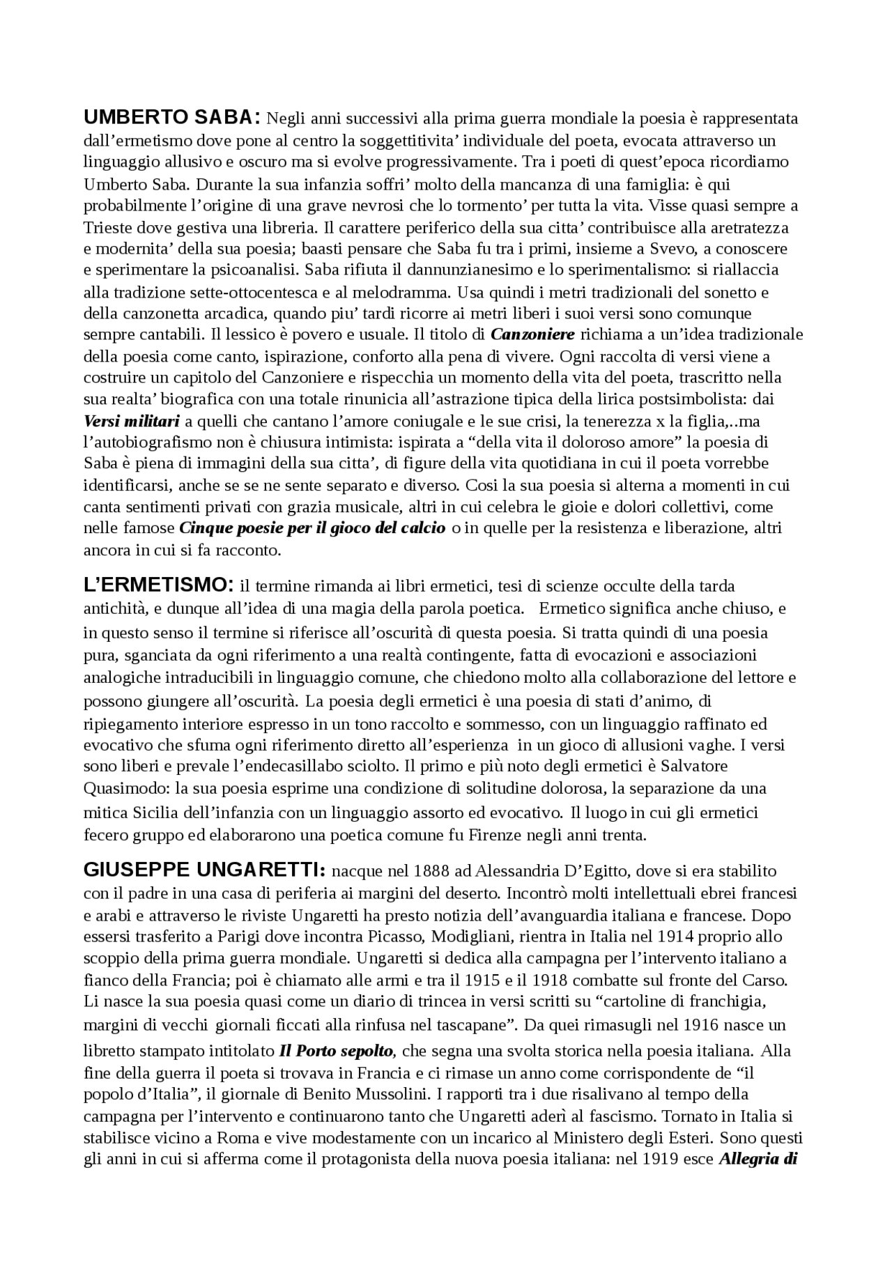 Umberto Saba Riassunti Docsity