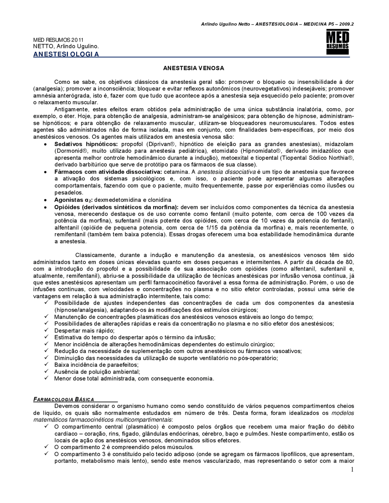 Anestesiologia 09 Anestesia Venosa Med Resumos Set 2011pdf Docsity
