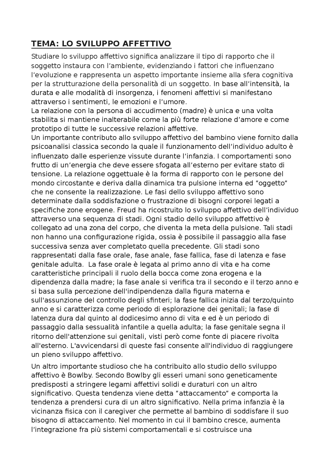 Lo Sviluppo Affettivo Docsity