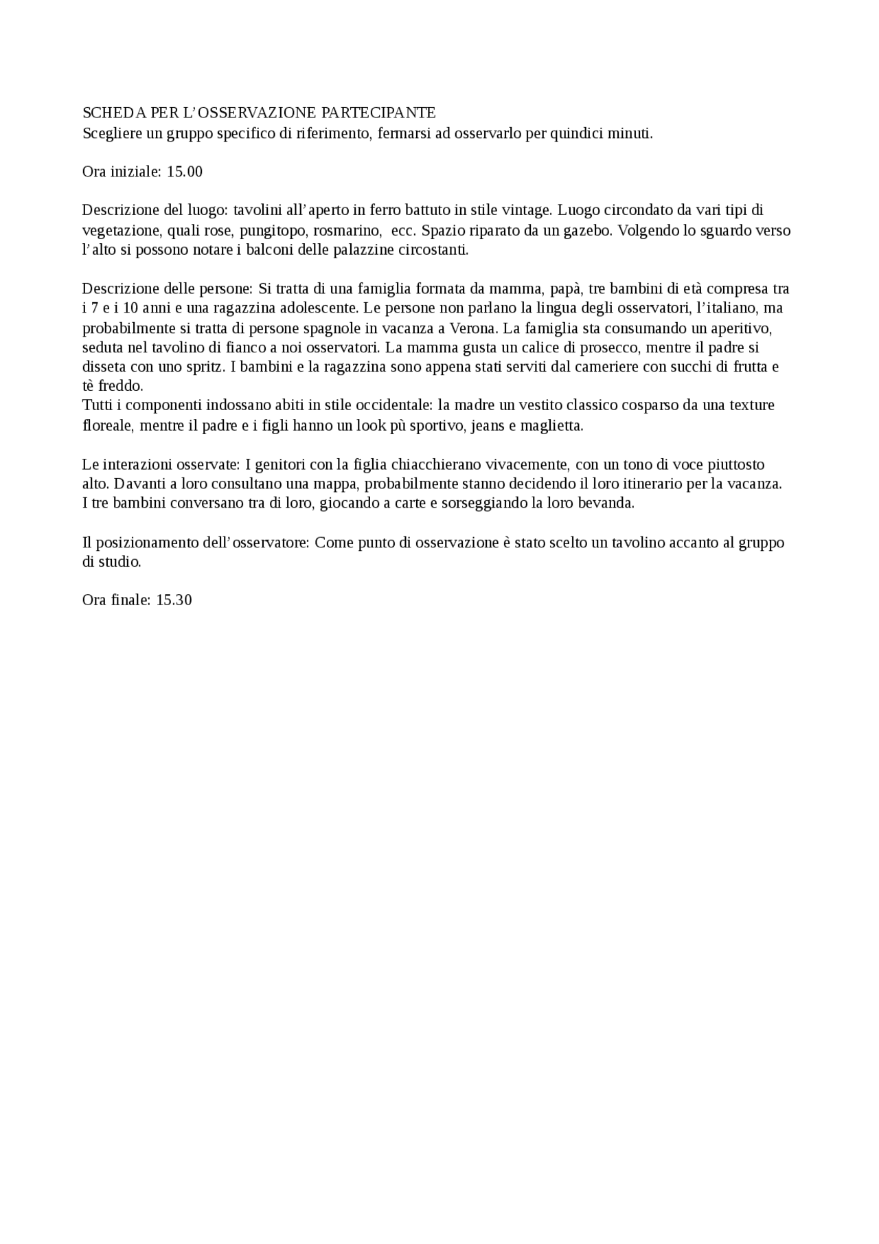 Esempio Di Osservazione Partecipante Esercizi Di Antropologia Docsity