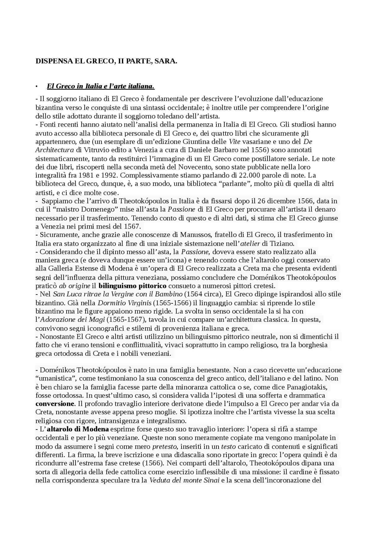 El Greco Riassunto Dispensa Docsity