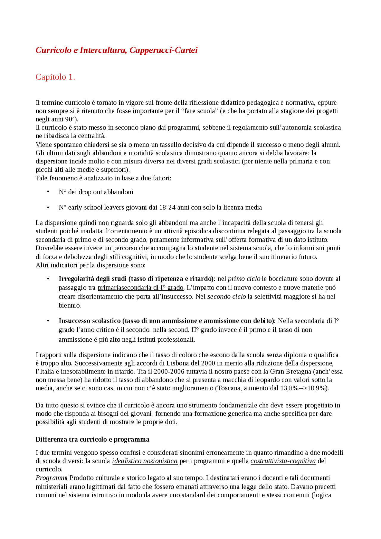 Curricolo e intercultura - Capperucci, Cartei - Docsity