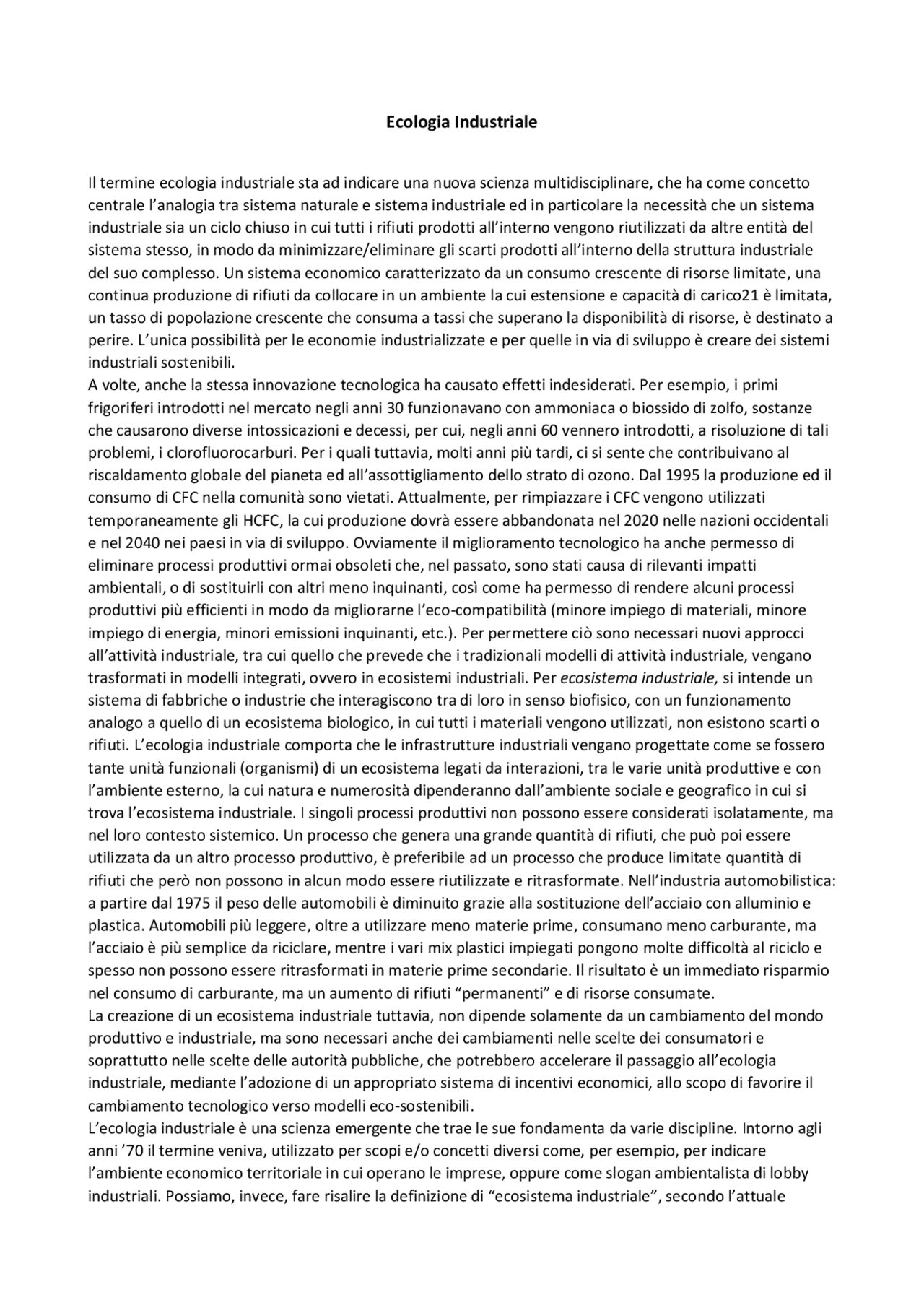Ecologia Industriale Docsity