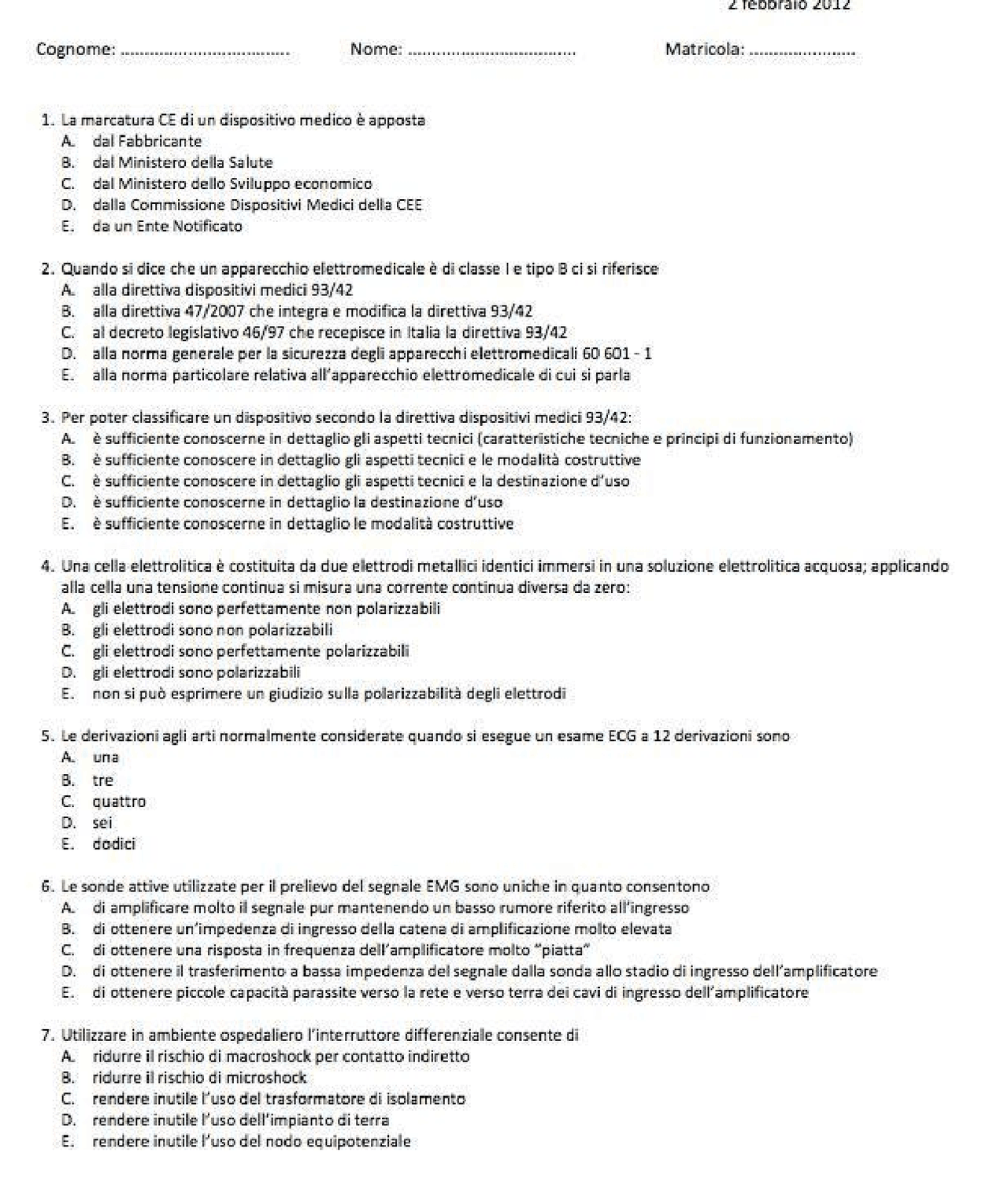 Quiz Bioingegneria Elettronica E Sicurezza Docsity