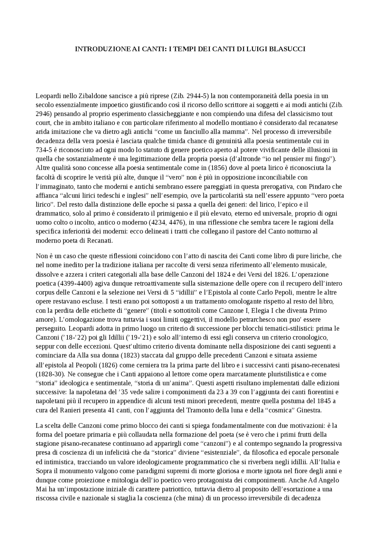 Canti Leopardiani E Introduzione Di Blasucci Docsity