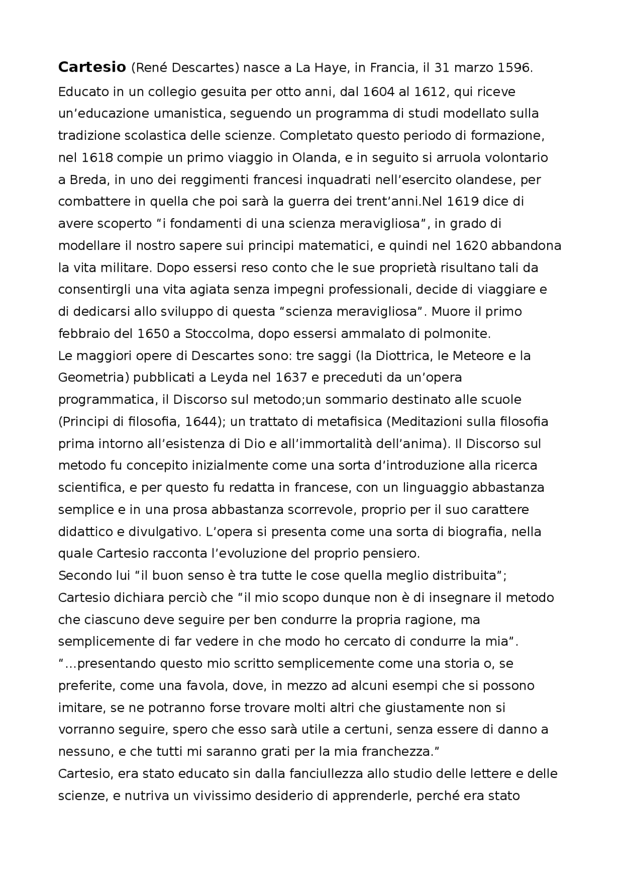 Discorso Sul Metodo Di Cartesio Docsity