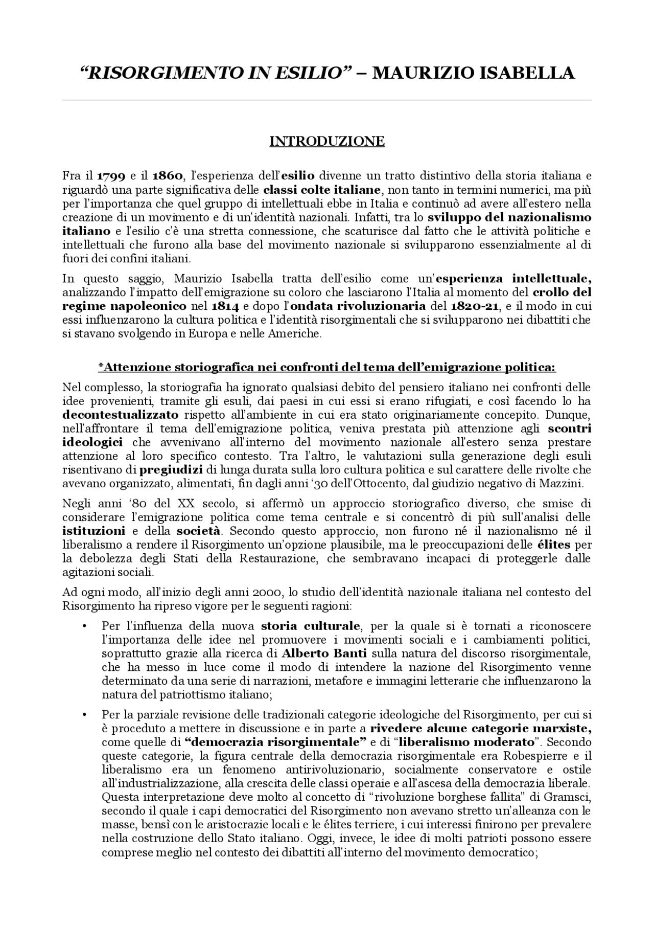 Maurizio Isabella Risorgimento In Esilio Riassunto Introduzione