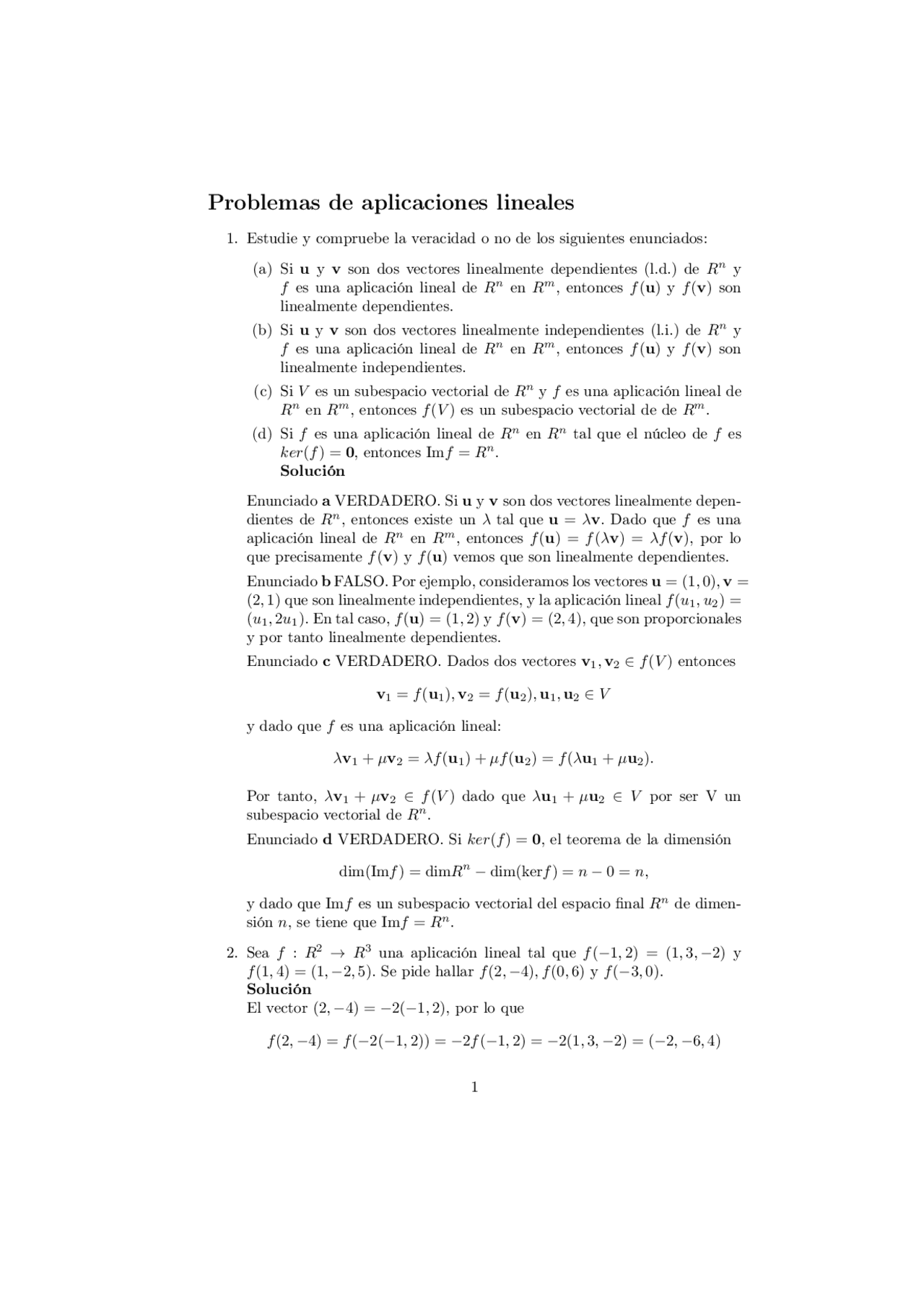 Problemas De Aplicaciones Lineales Ejercicios De Álgebra Docsity