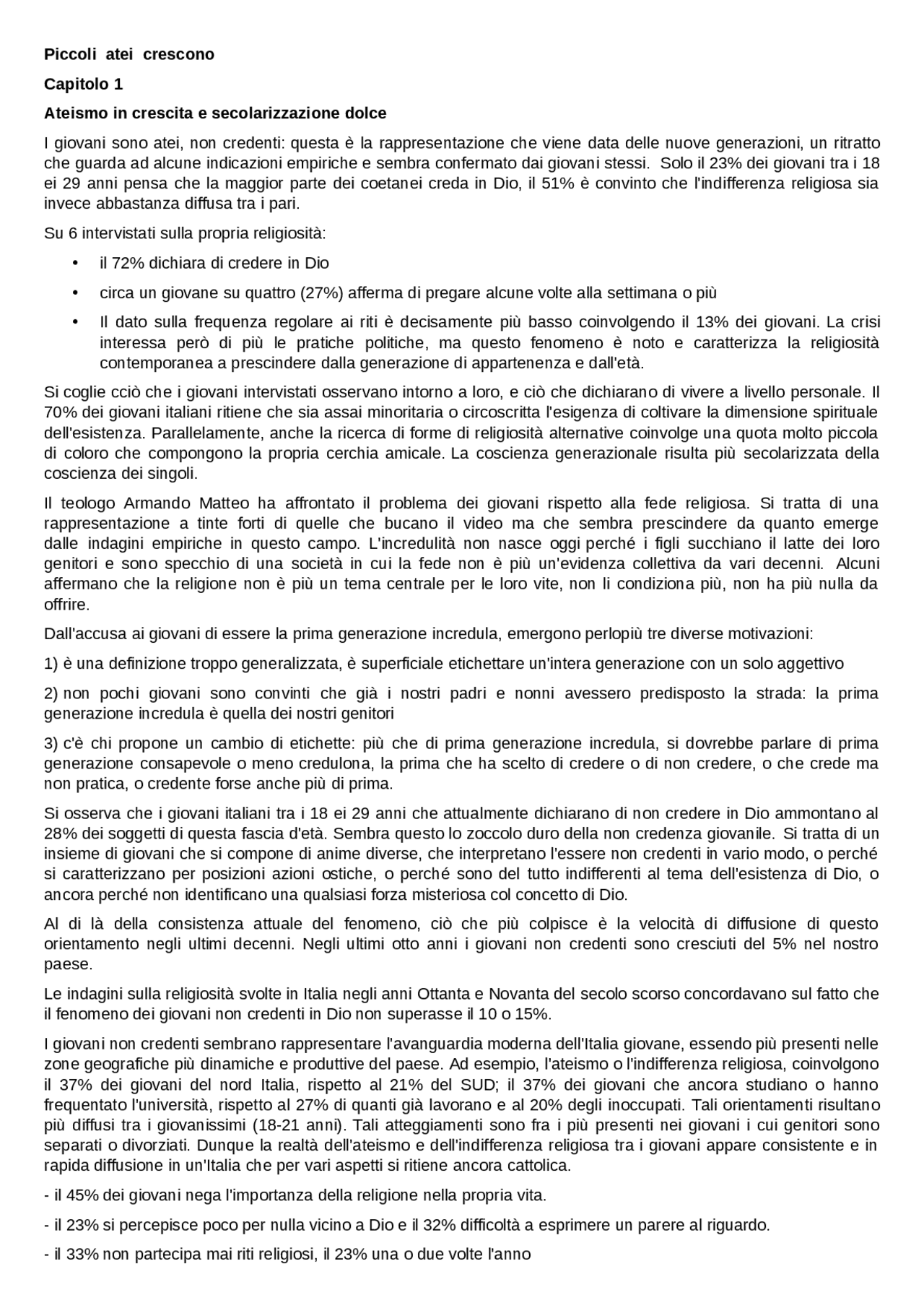 Riassunto Picooli Atei Crescono Docsity