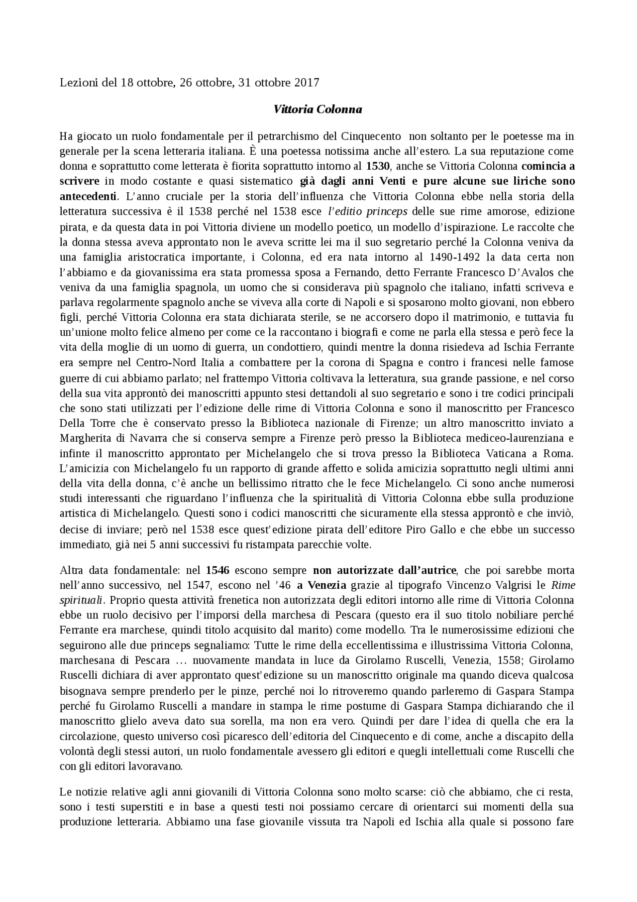 Vittoria Colonna Vitaopere Temi Docsity