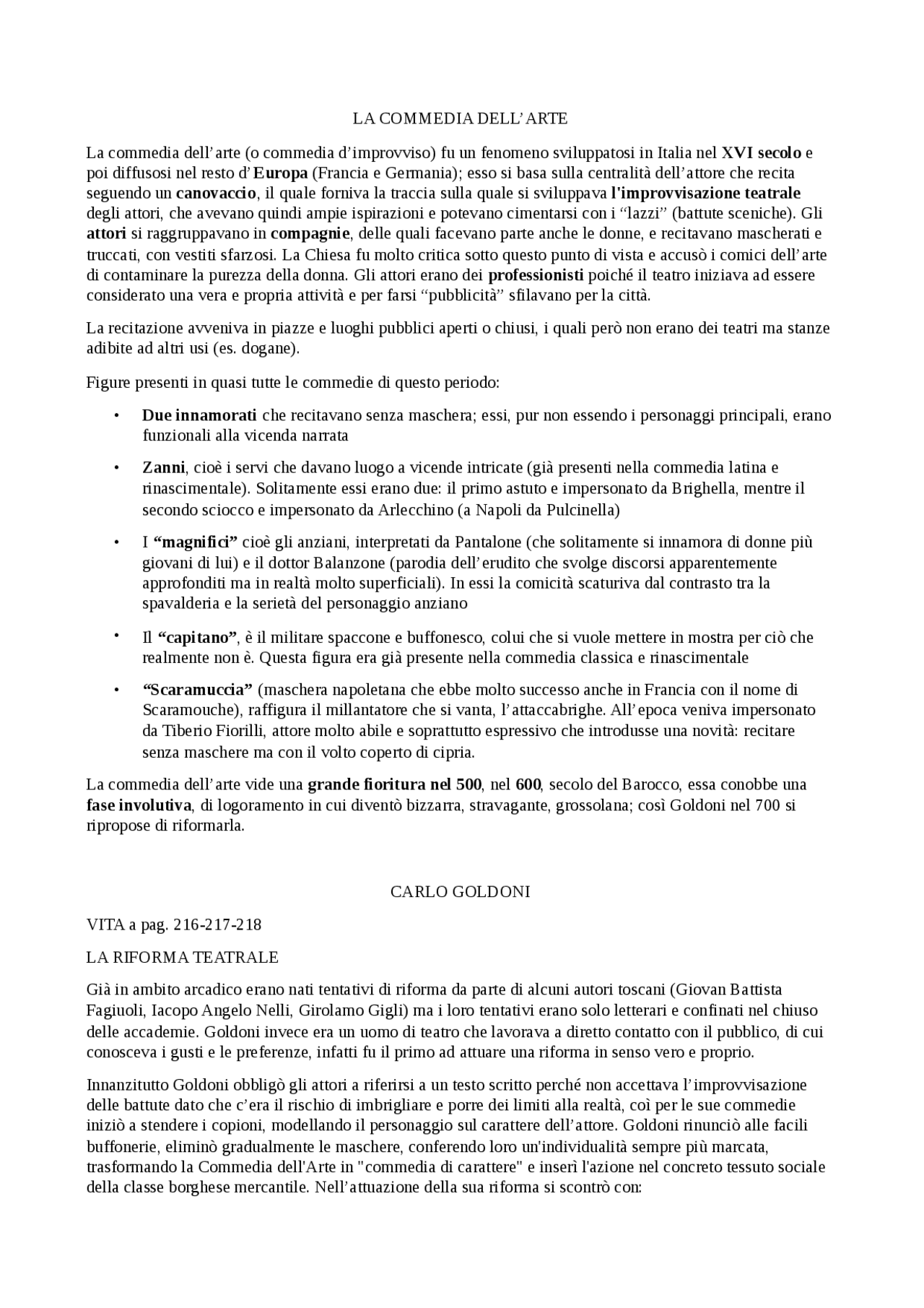 Appunti Commedia Dellarte Goldoni Parini Docsity