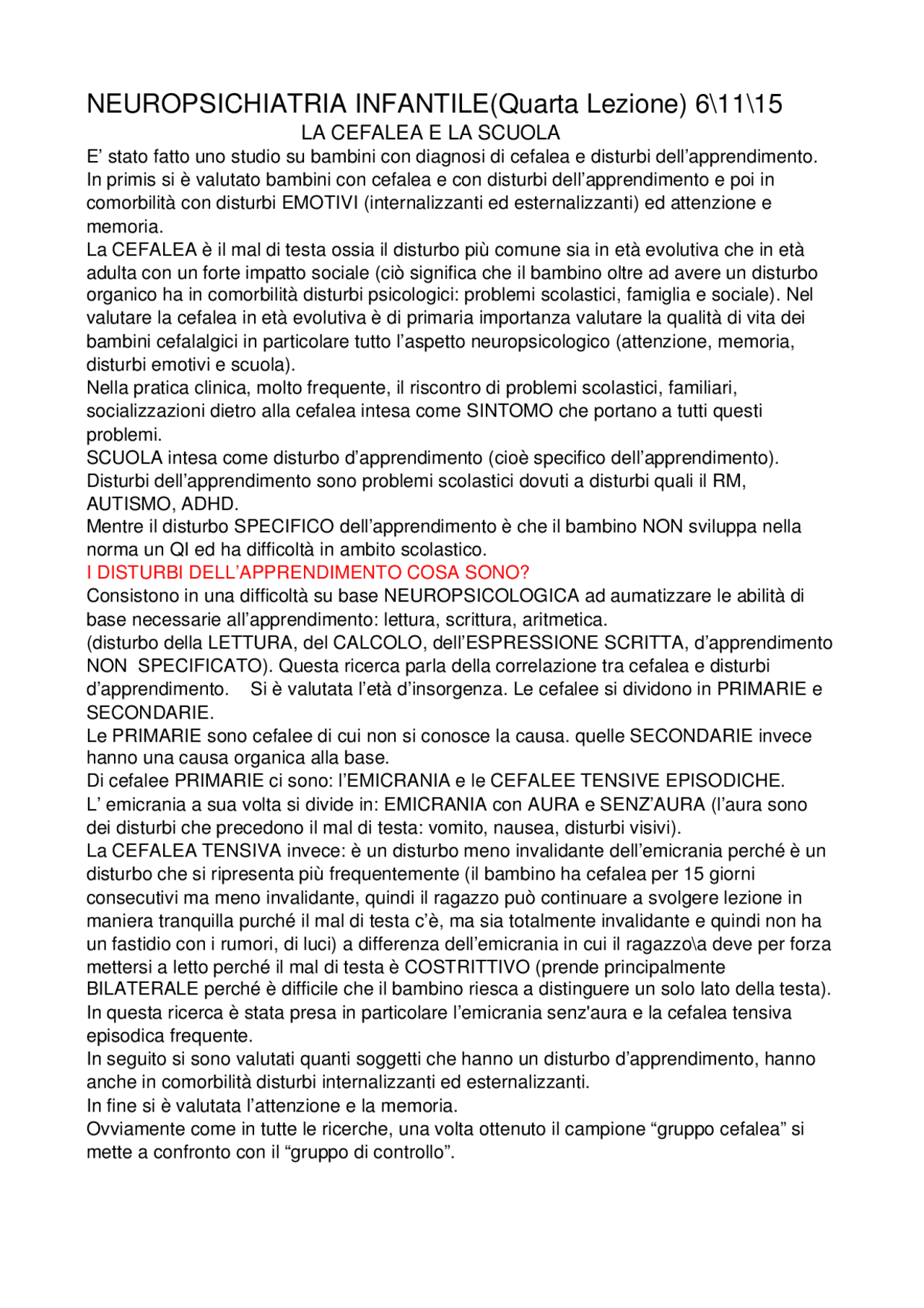 Cefalee E La Scuola Lezione Neuropsichiatria Infantile Docsity