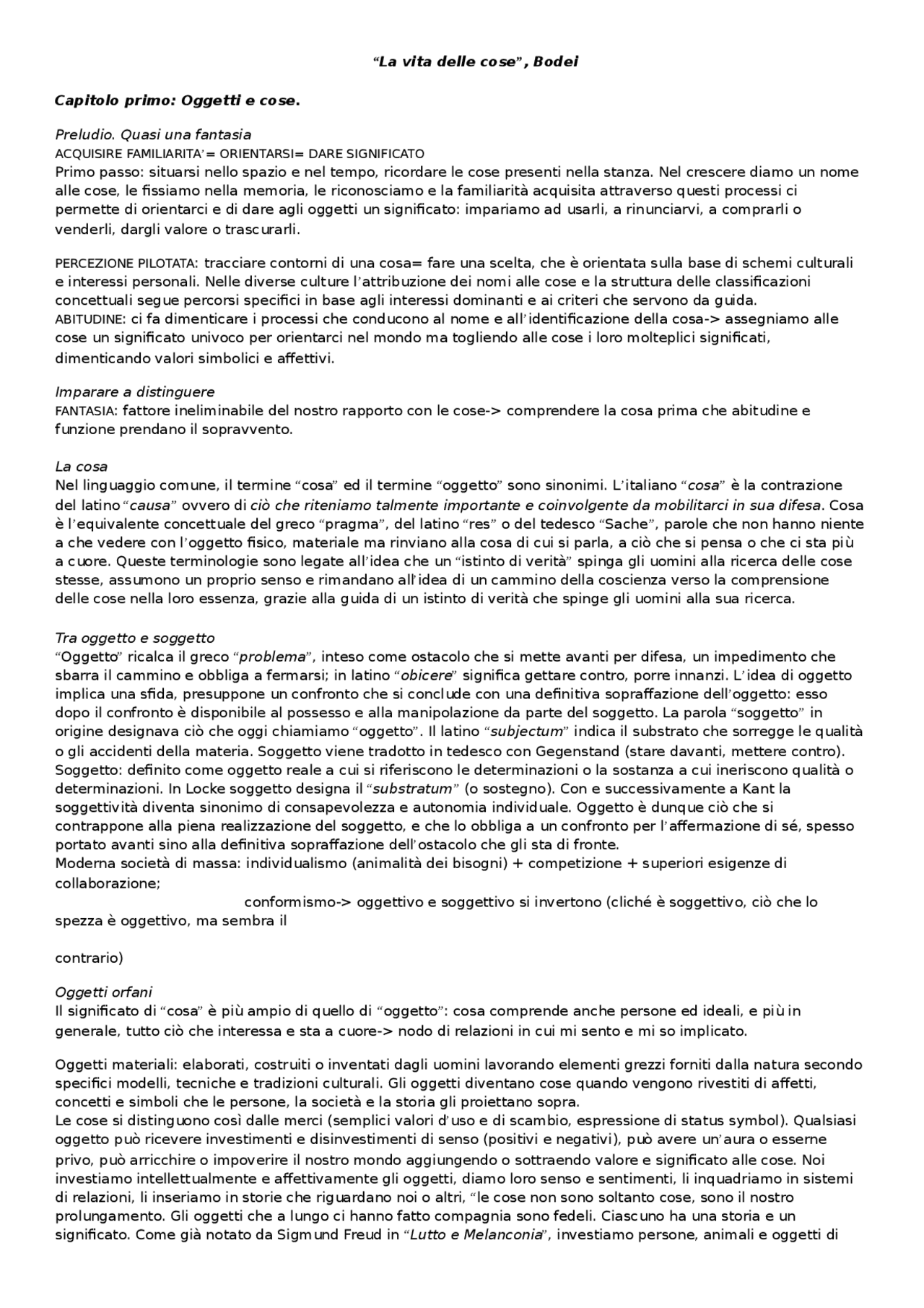 Remo Bodei E Kopytoff Riassunto Docsity