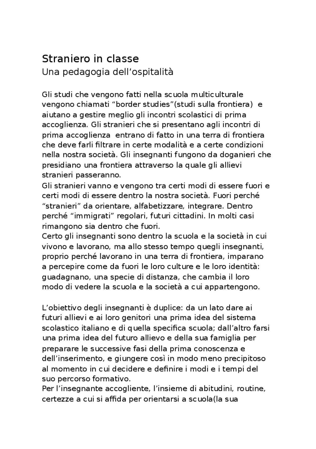 Riassunto Del Libro Lo Straniero In Classe Docsity