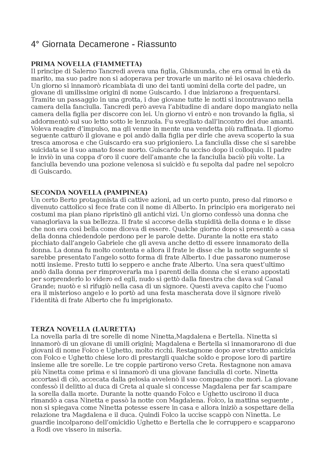 Riassunto 4° Giornata Decameron Boccaccio Appunti Di Letteratura