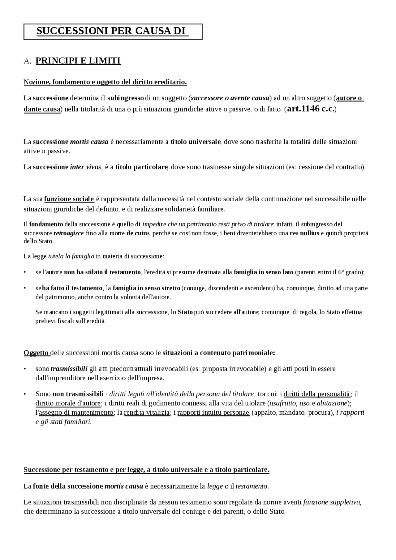Successioni Per Causa Di Morte Docsity