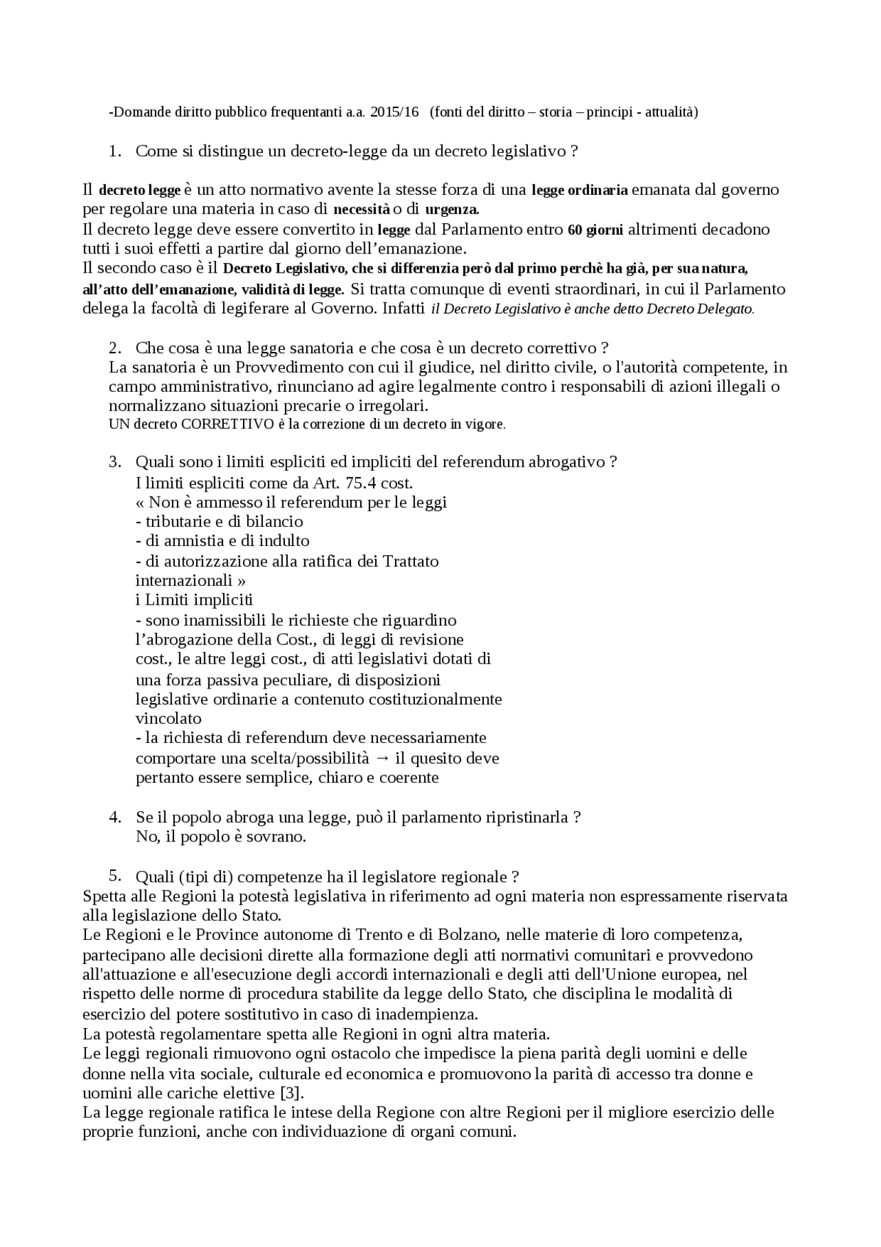 Diritto pubblico domande e risposte per esame - Docsity