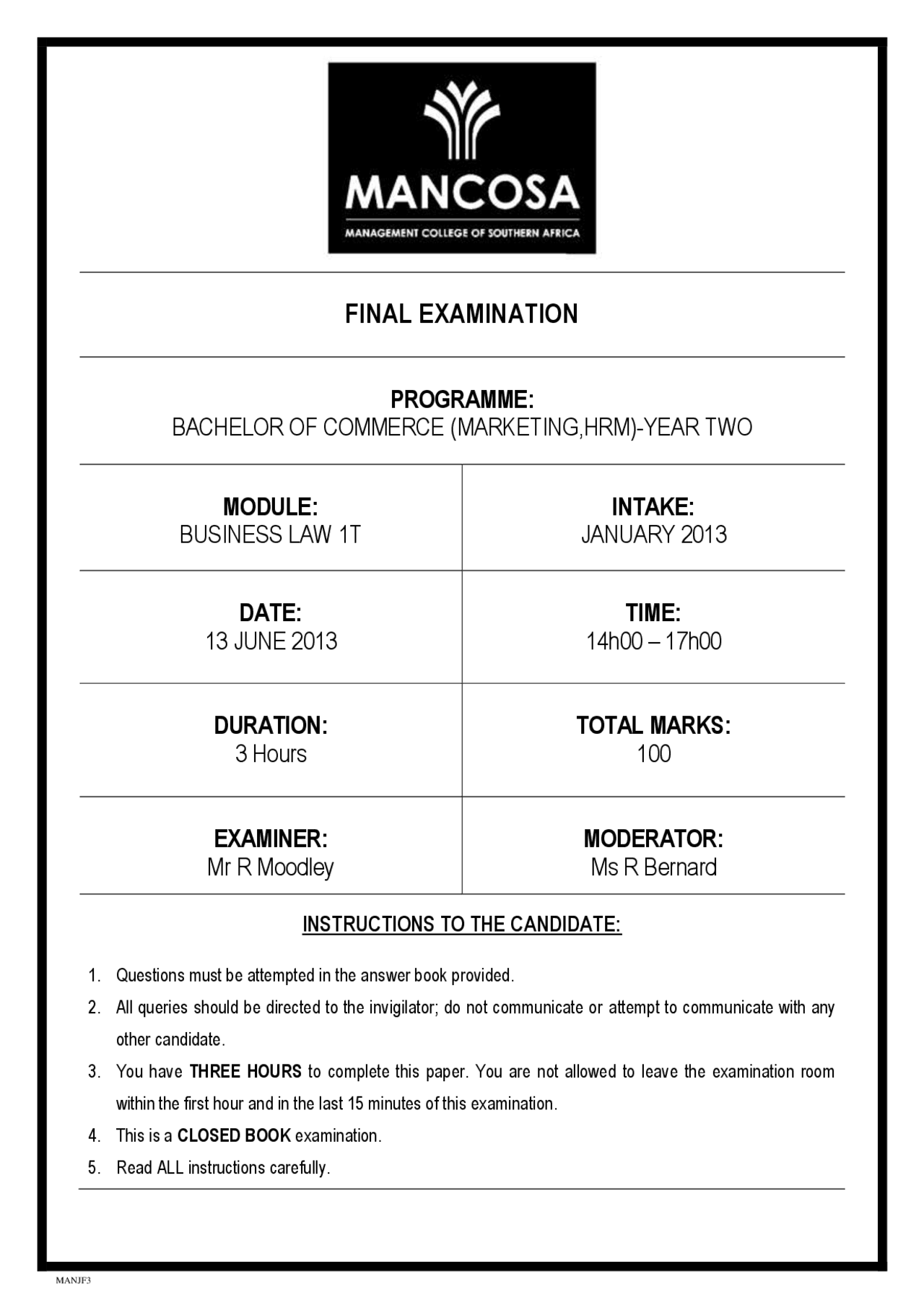 2013 Past Exam Paper Business Law Docsity