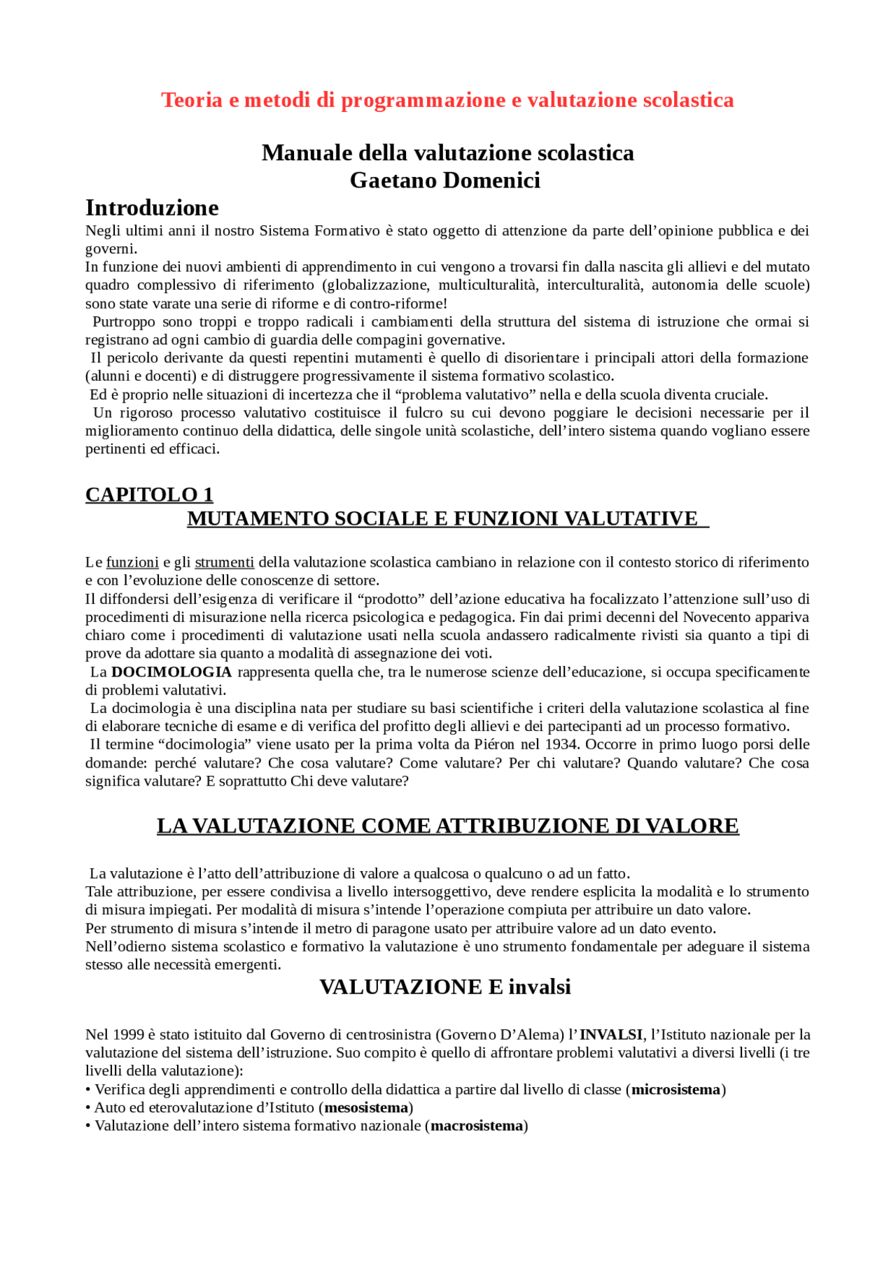 Manuale Della Valutazione Scolastica Domenici Docsity