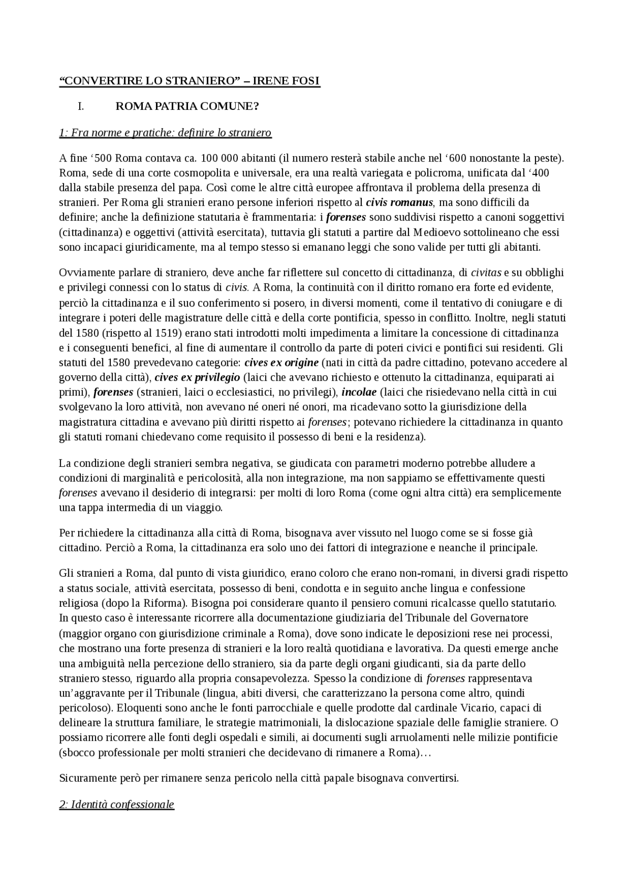 Riassunto Convertire Lo Straniero Di Irene Fosi Docsity