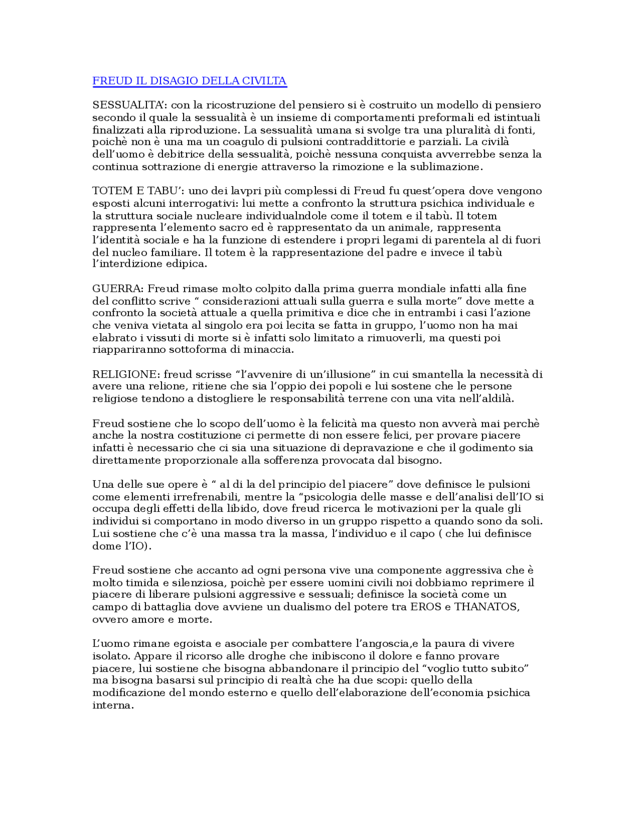 Freud Il Disagio Della Civiltà Docsity