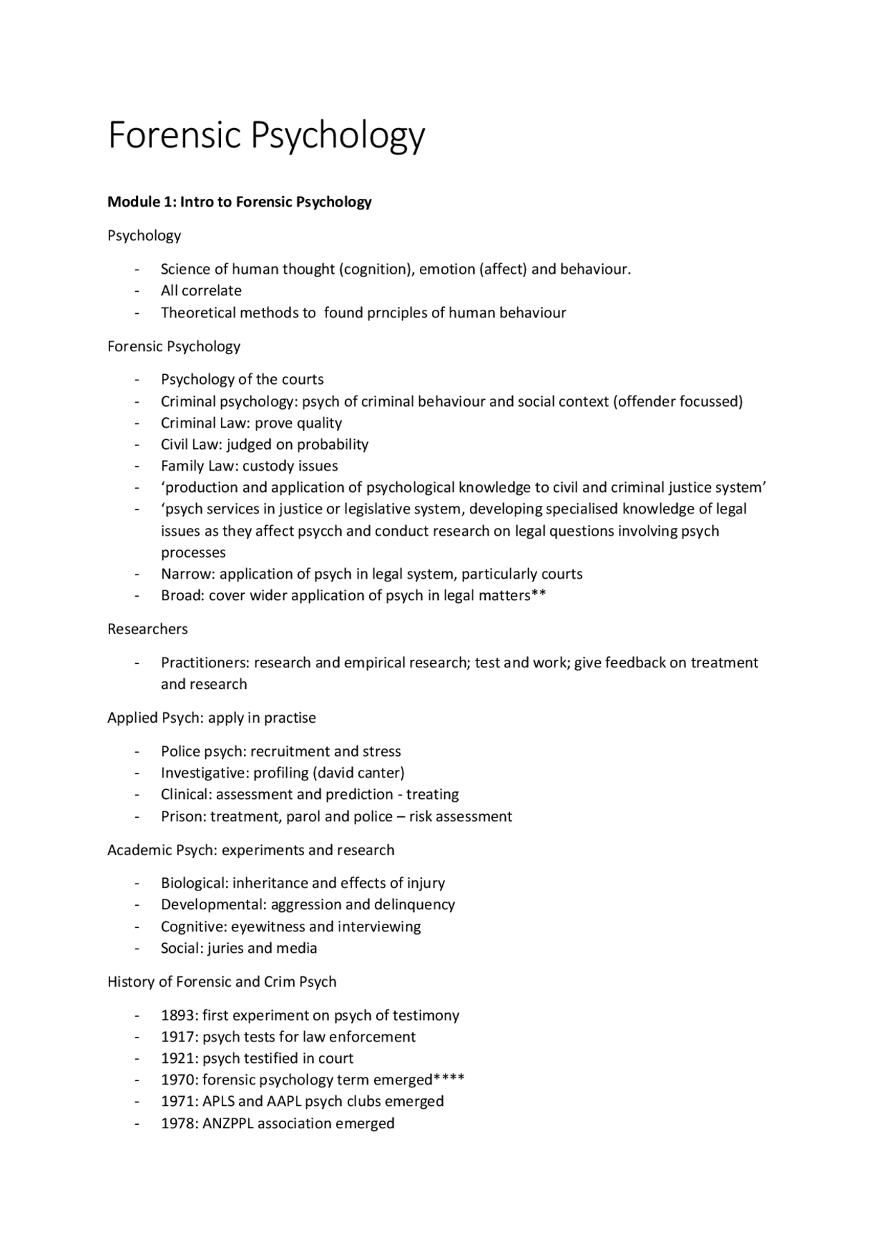 FOR10001 Introduction to Forensic Psychology Study Notes | Exams ...