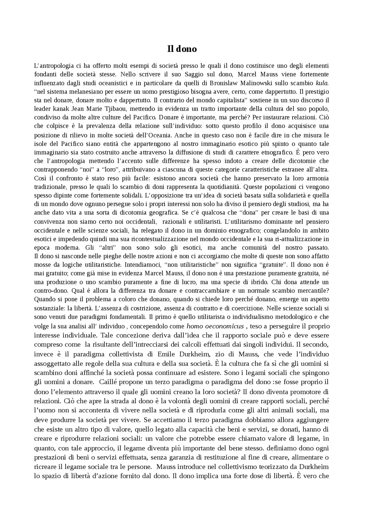 Saggio Sul Dono Mauss Docsity