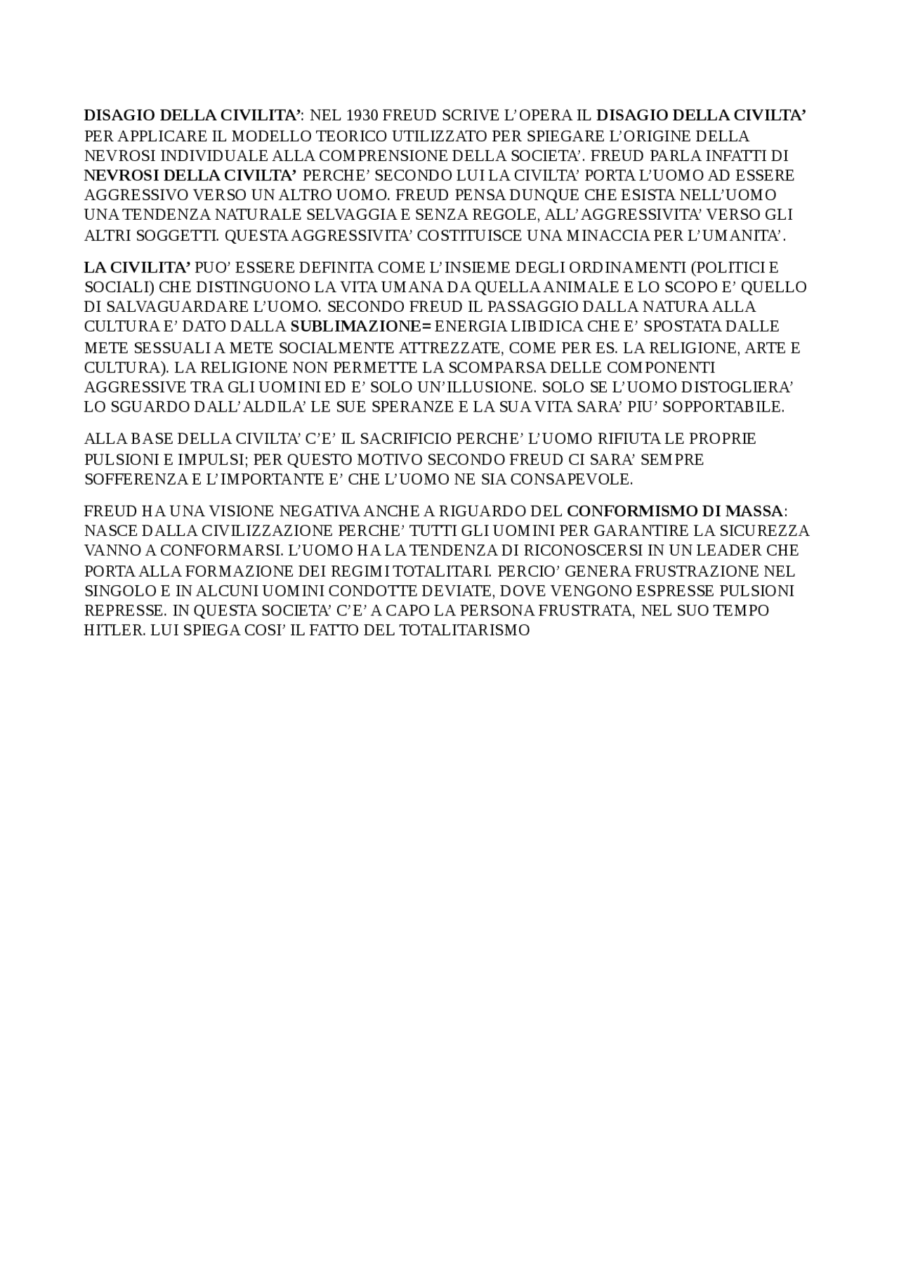 Freud Civiltà E Disagio Docsity