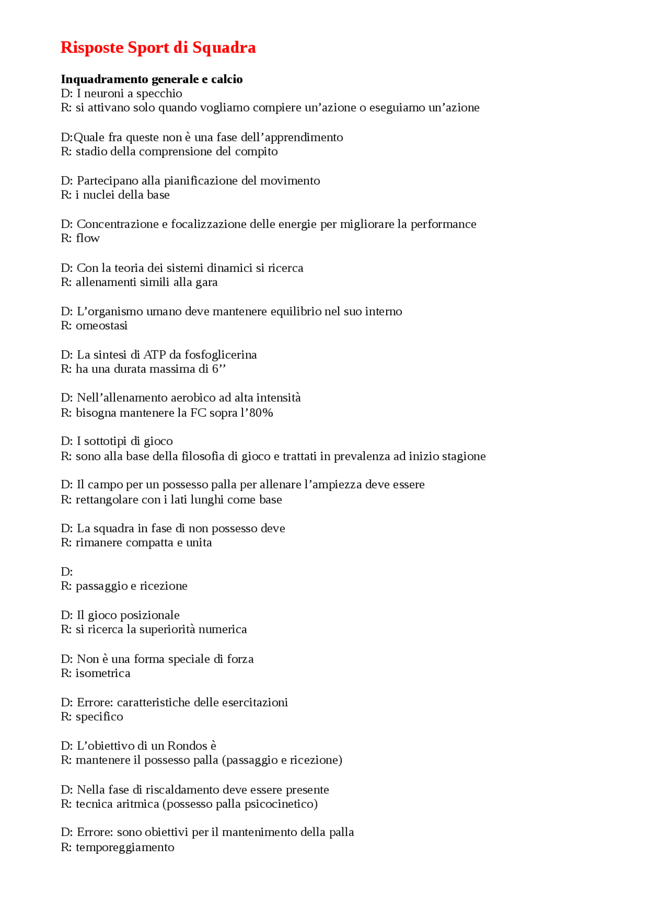 Risposte Esame Sport di Squadra - Christian Ferrante Unibo - Docsity