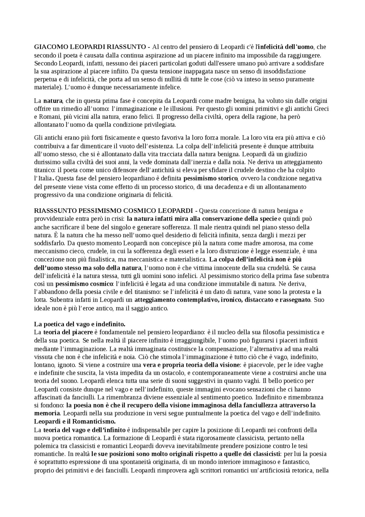 Giacomo Leopardi: pensiero e poetica - Docsity