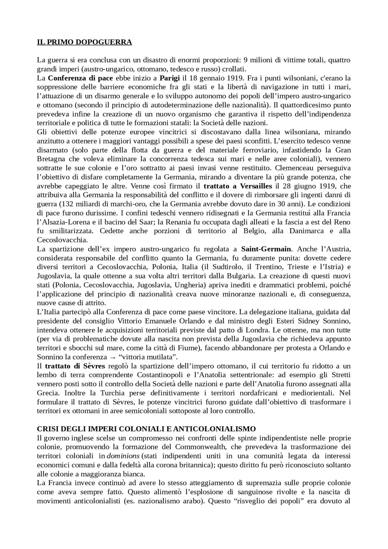 Il Primo Dopoguerra Riassunto Docsity