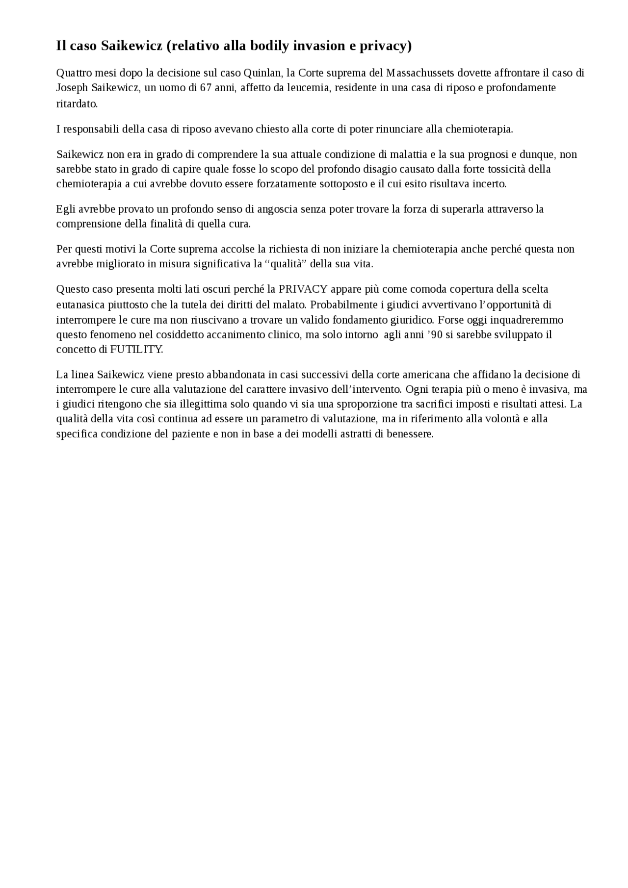 il caso Saikewicz tra bodily invasion e privacy | Appunti di ...