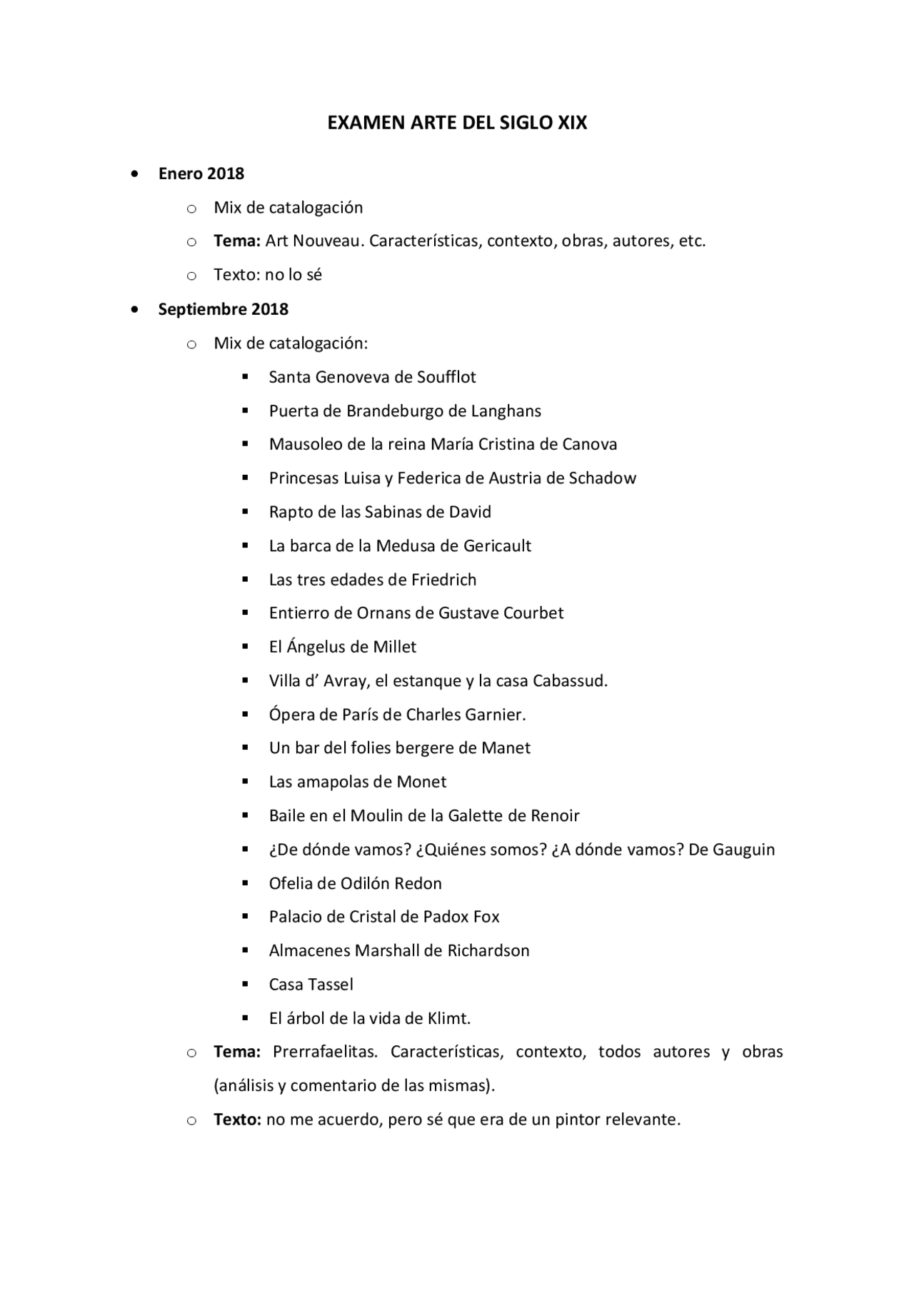 Preguntas de examen arte siglo xix - Docsity