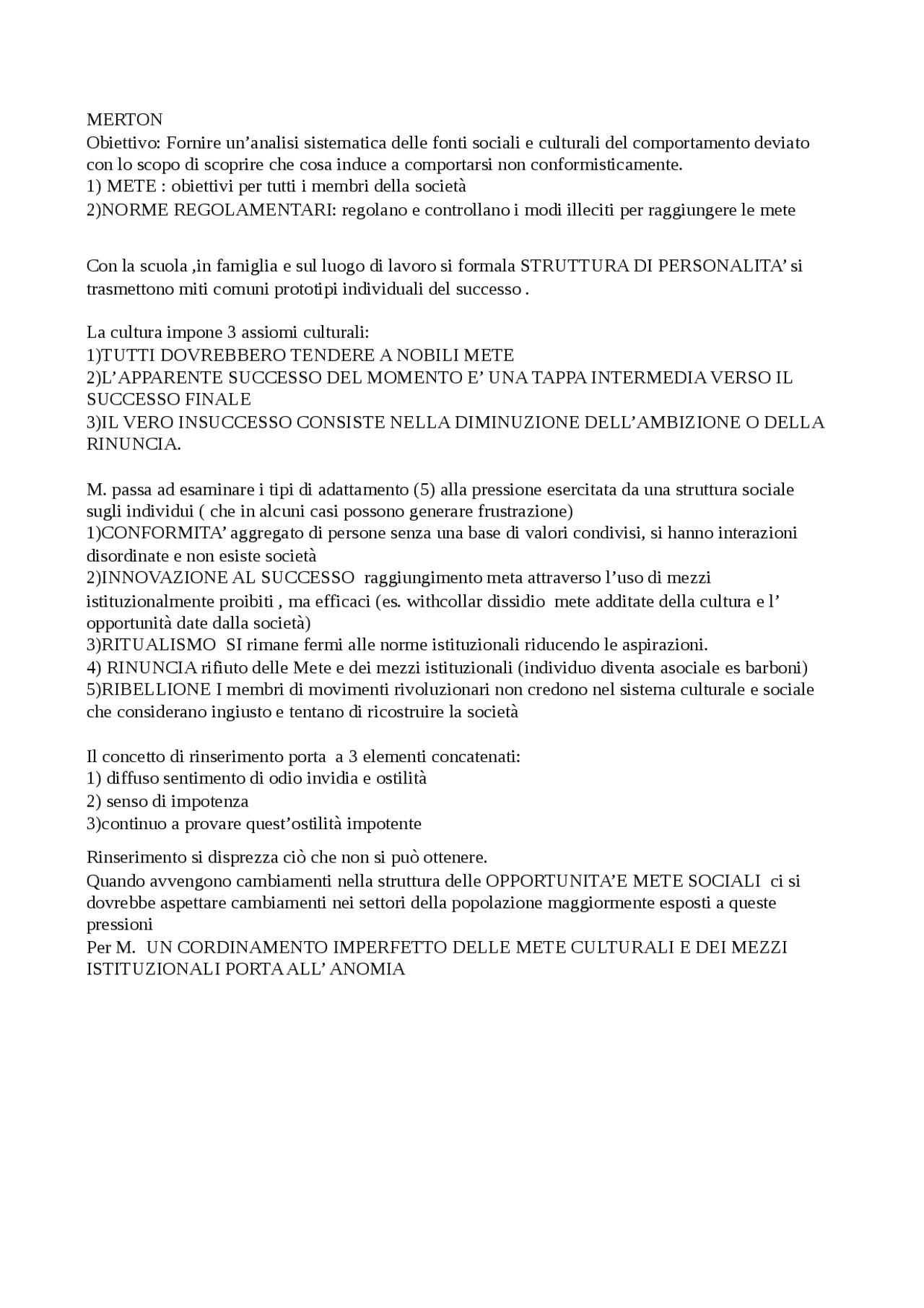 Riassunto Merton Criminologia Appunti Di Criminologia Docsity