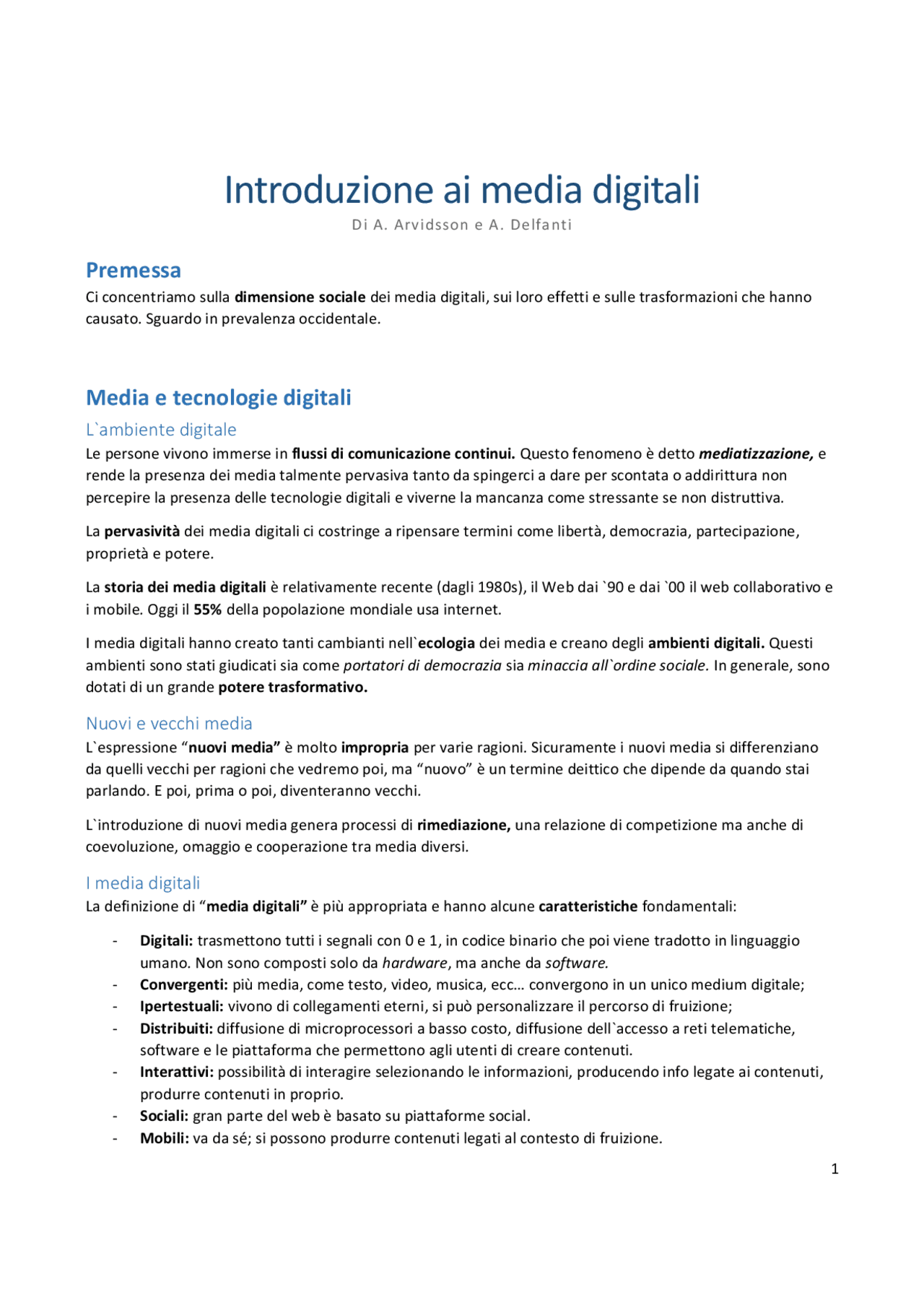 Introduzione Ai Media Digitali Arvidsson E Delfianti Riassunto