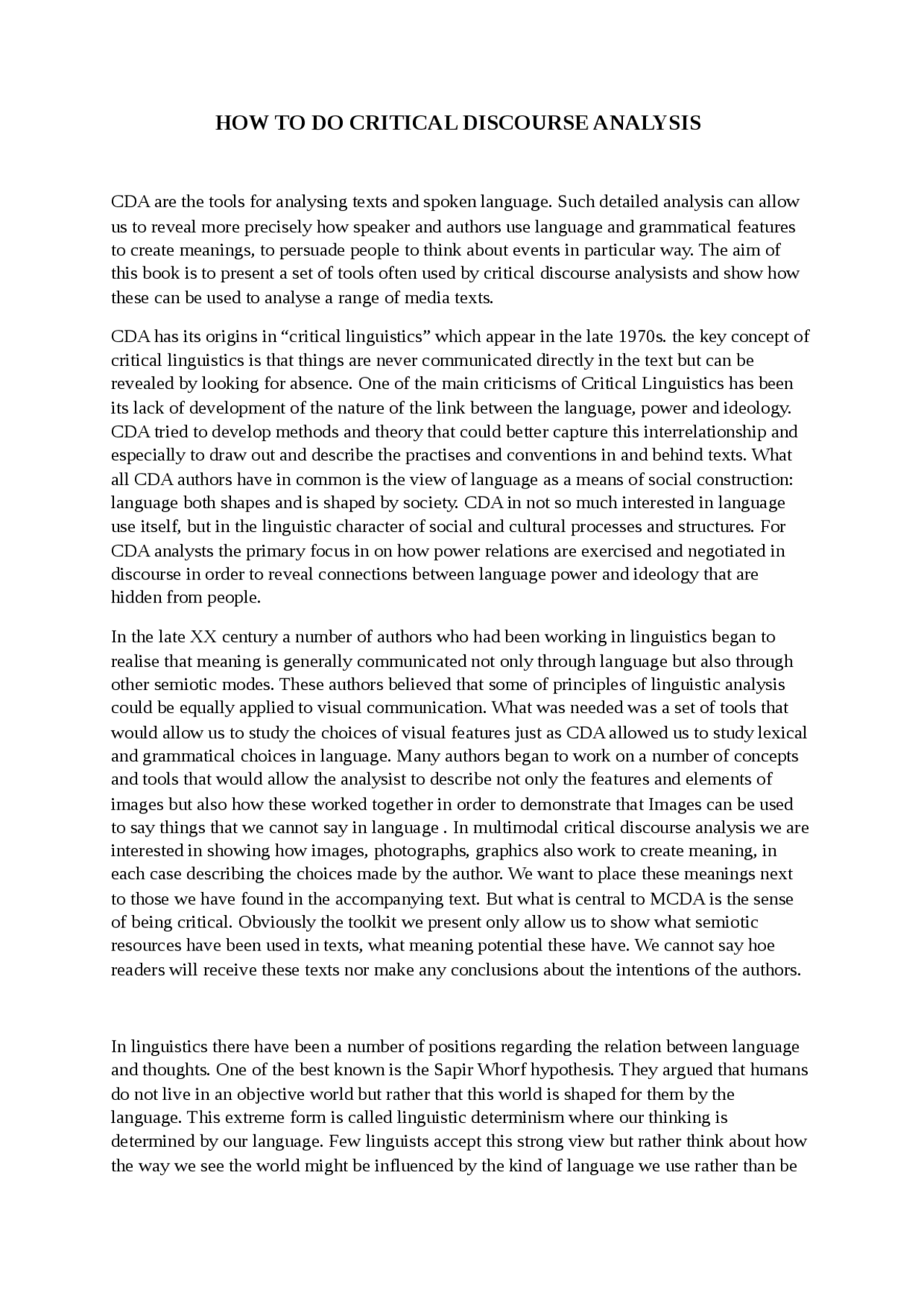 Critical Discourse Analysis Docsity