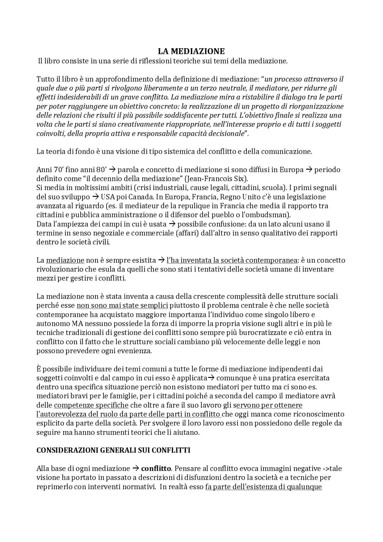 Riassunto La Mediazione Docsity