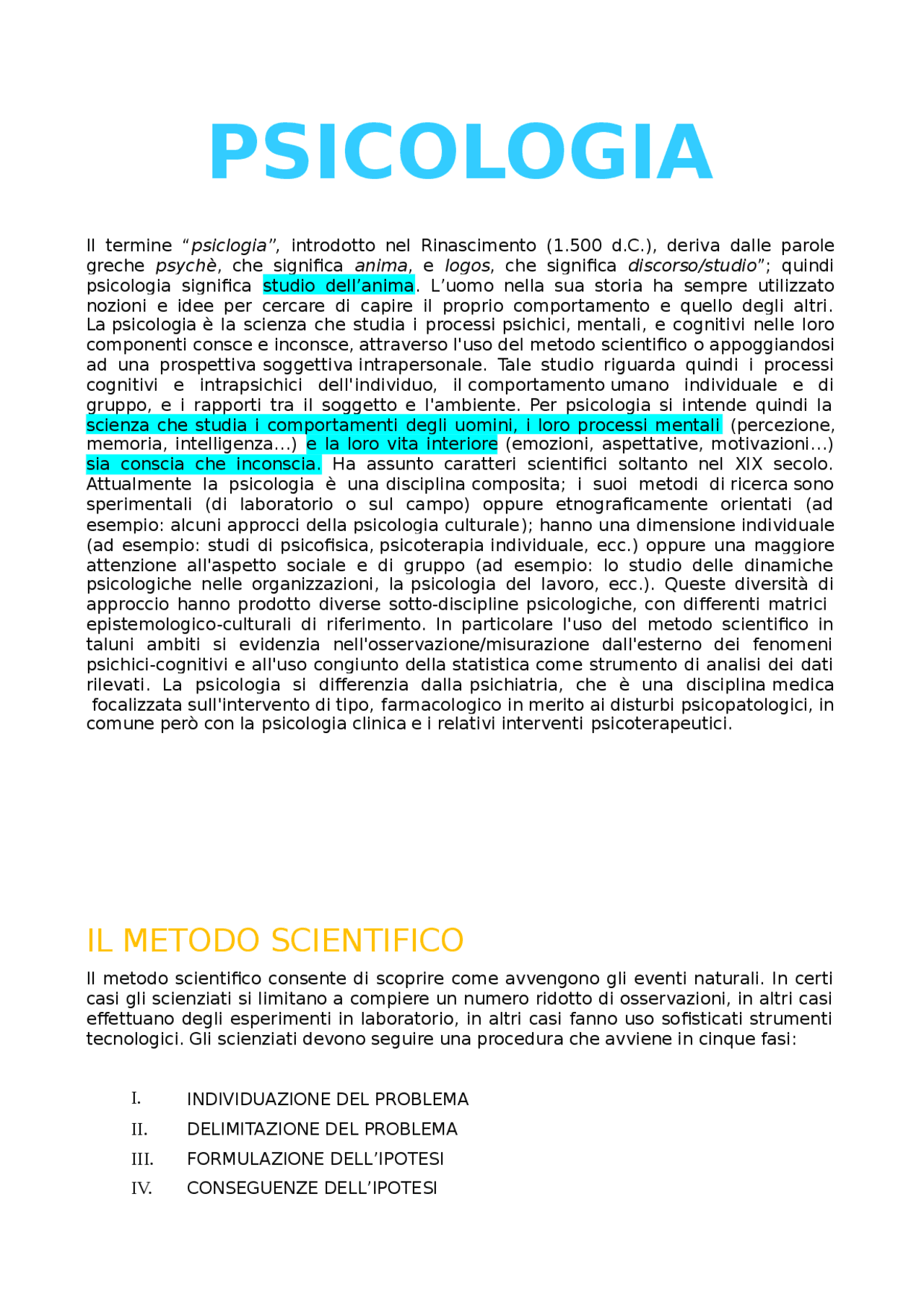 Introduzione Alla Psicologia Docsity