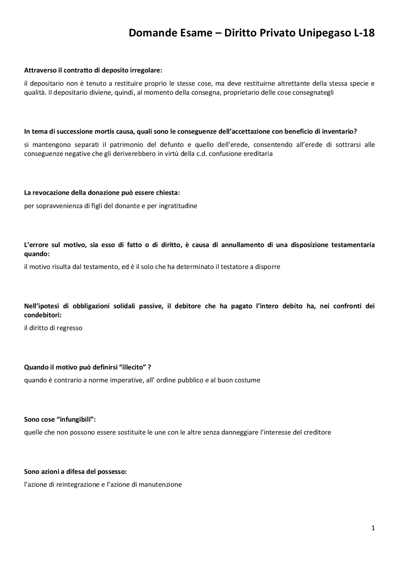 Domande Esame Diritto Privato Unipegaso L 18 Docsity