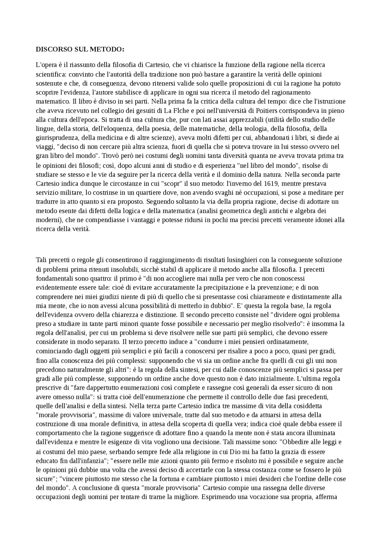 Discorso Sul Metodo Riassunto Docsity