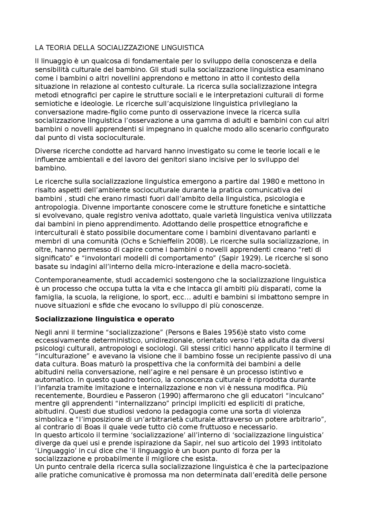 The theory of language socialization- Ochs and Schieffelin - Docsity