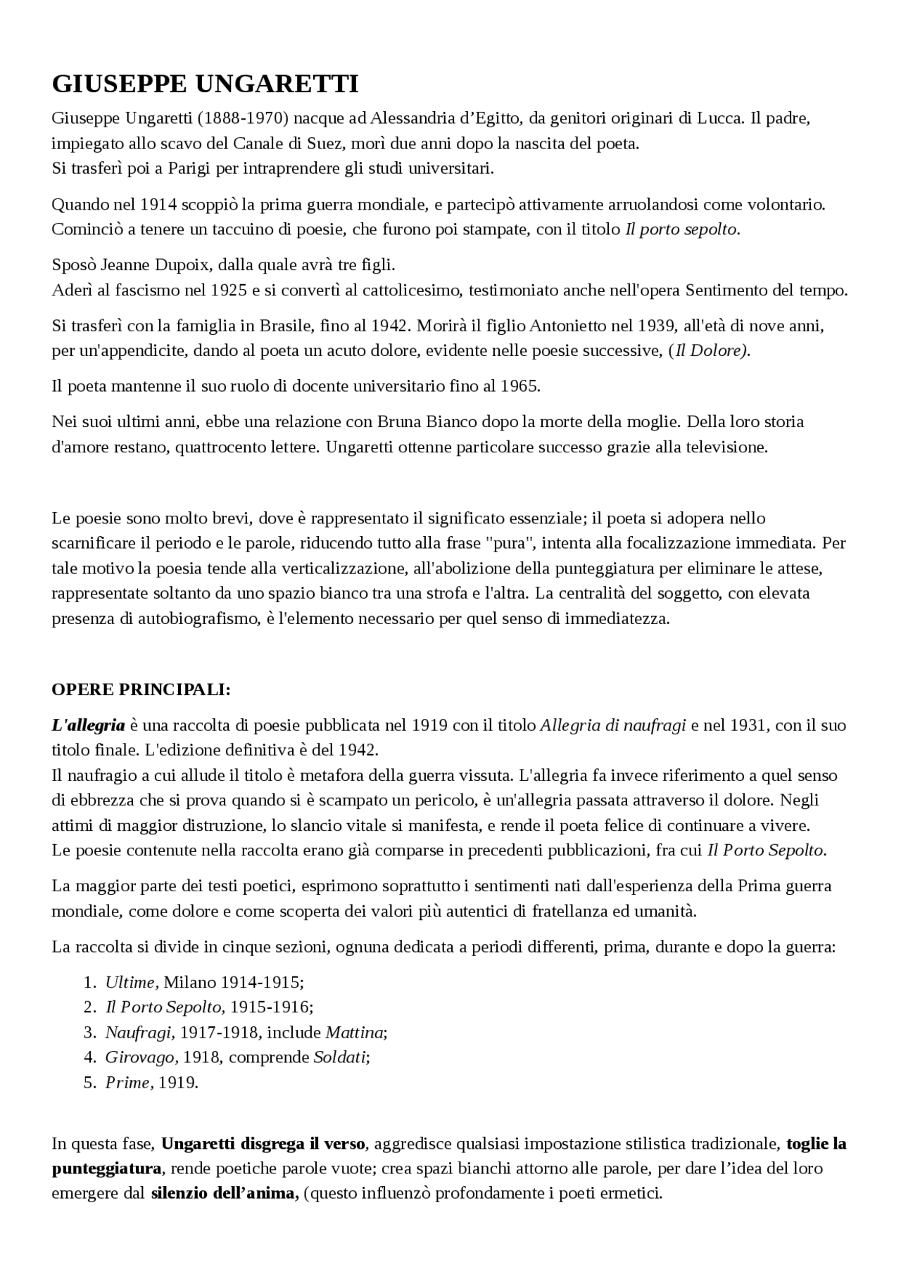 Riassunto Giuseppe Ungaretti Docsity
