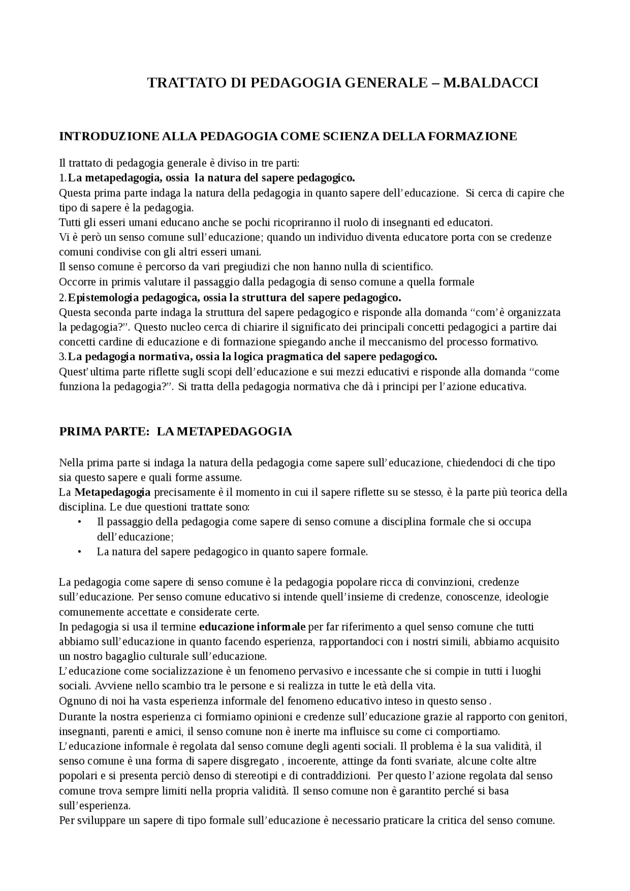 Trattato Di Pedagogia Generale Di Mbaldacci Docsity