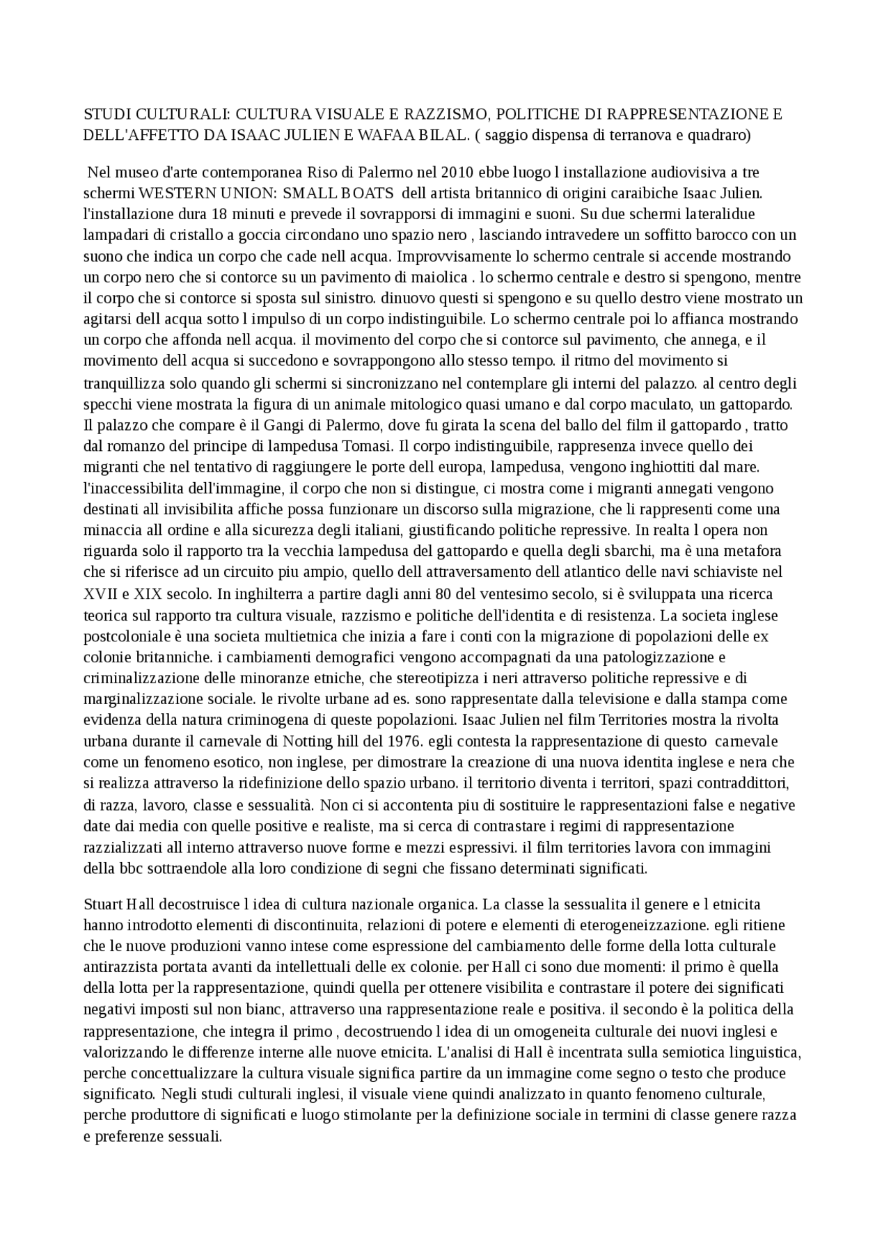 Studi culturali e media terranova - Docsity