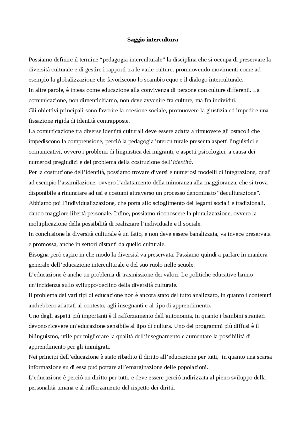 Saggio Pedagogia Interculturale Tesine Universitarie Di Pedagogia