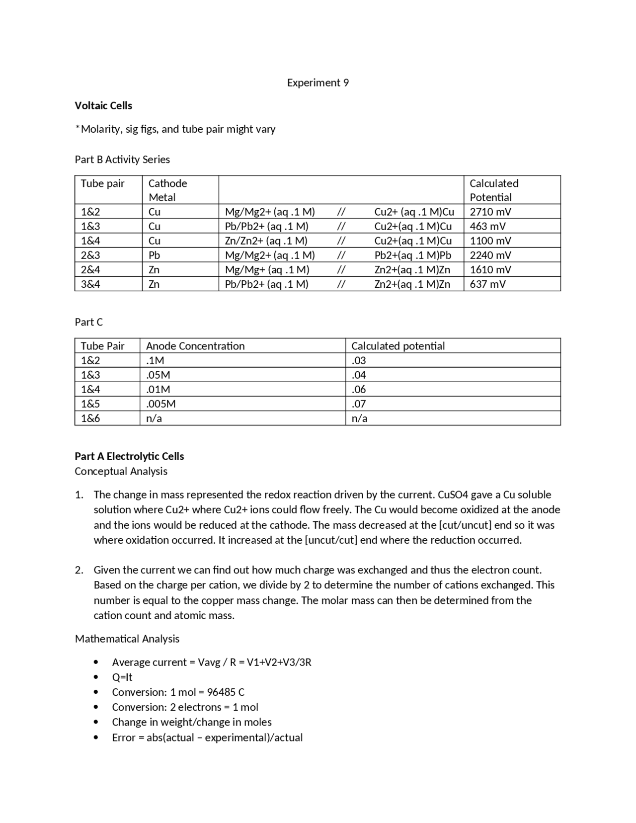 Experiment 9: Voltaic Cells - General Chemistry Lab | CHEM 136 - Docsity